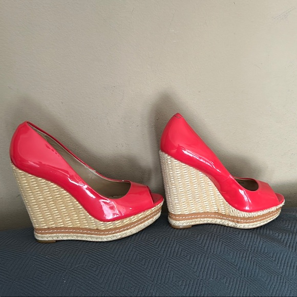 Saks Fifth Avenue | Shoes | Saks Fifth Avenue Red And Tan Wedge Heels ...